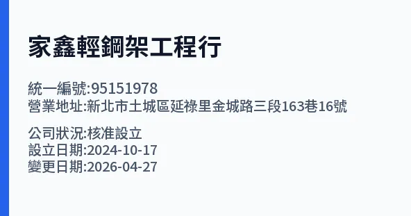 家鑫輕鋼架工程行的照片-統編 95151978(新北市) 公司登記資料與營業項目詳細圖表
