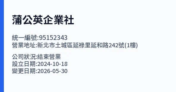 蒲公英企業社的照片-統編 95152343(新北市) 公司登記資料與營業項目詳細圖表