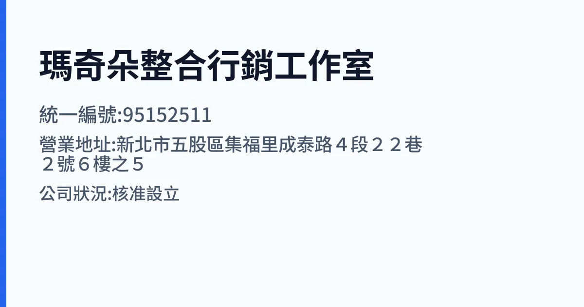 瑪奇朵整合行銷工作室 - 統編 95152511(新北市) 公司登記資料與營業項目詳細圖表