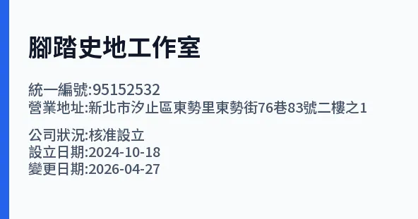 腳踏史地工作室的照片-統編 95152532(新北市) 公司登記資料與營業項目詳細圖表