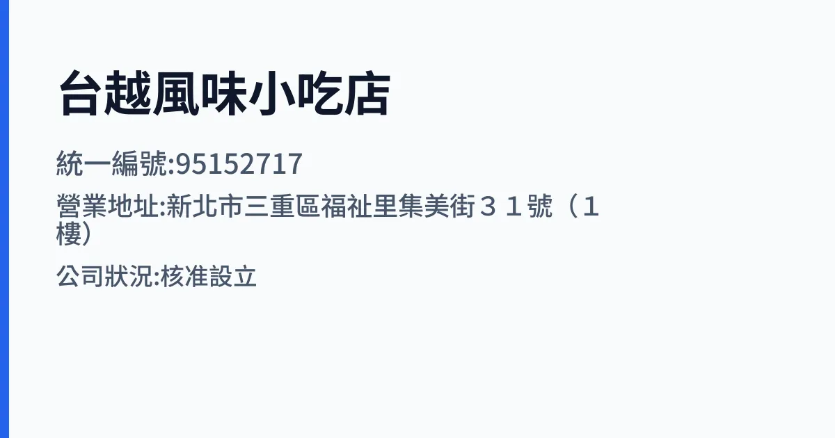 台越風味小吃店 - 統編 95152717(新北市) 公司登記資料與營業項目詳細圖表