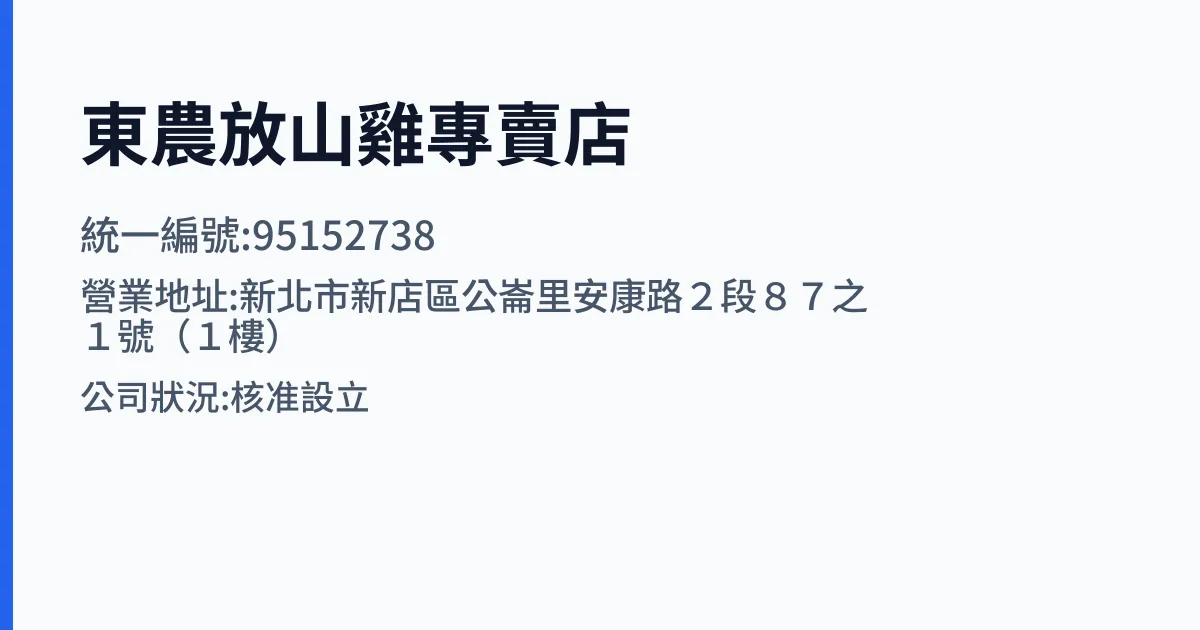 東農放山雞專賣店 - 統編 95152738(新北市) 公司登記資料與營業項目詳細圖表