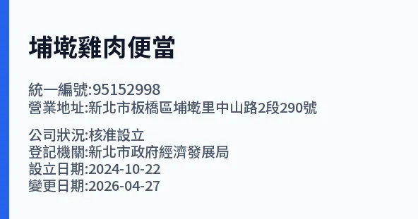 埔墘雞肉便當的照片-統編 95152998(新北市) 公司登記資料與營業項目詳細圖表