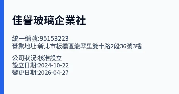 佳譽玻璃企業社的照片-統編 95153223(新北市) 公司登記資料與營業項目詳細圖表