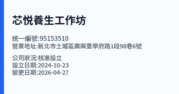 芯悦養生工作坊的照片-統編 95153510(新北市) 公司登記資料與營業項目詳細圖表
