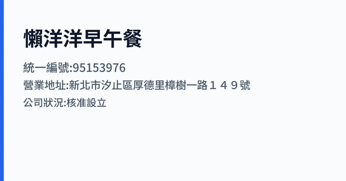懶洋洋早午餐 - 統編 95153976(新北市) 公司登記資料與營業項目詳細圖表