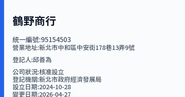 鶴野商行的照片-統編 95154503(新北市) 公司登記資料與營業項目詳細圖表