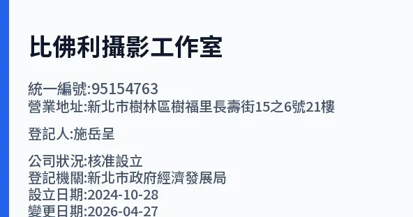比佛利攝影工作室的照片-統編 95154763(新北市) 公司登記資料與營業項目詳細圖表