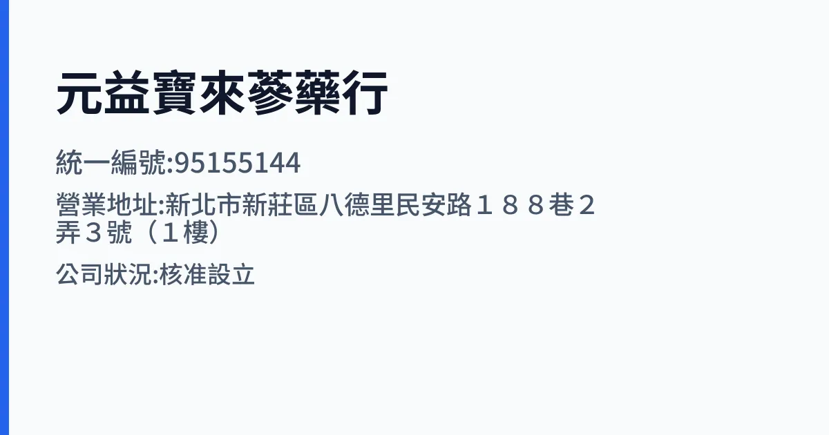 元益寶來蔘藥行 - 統編 95155144(新北市) 公司登記資料與營業項目詳細圖表