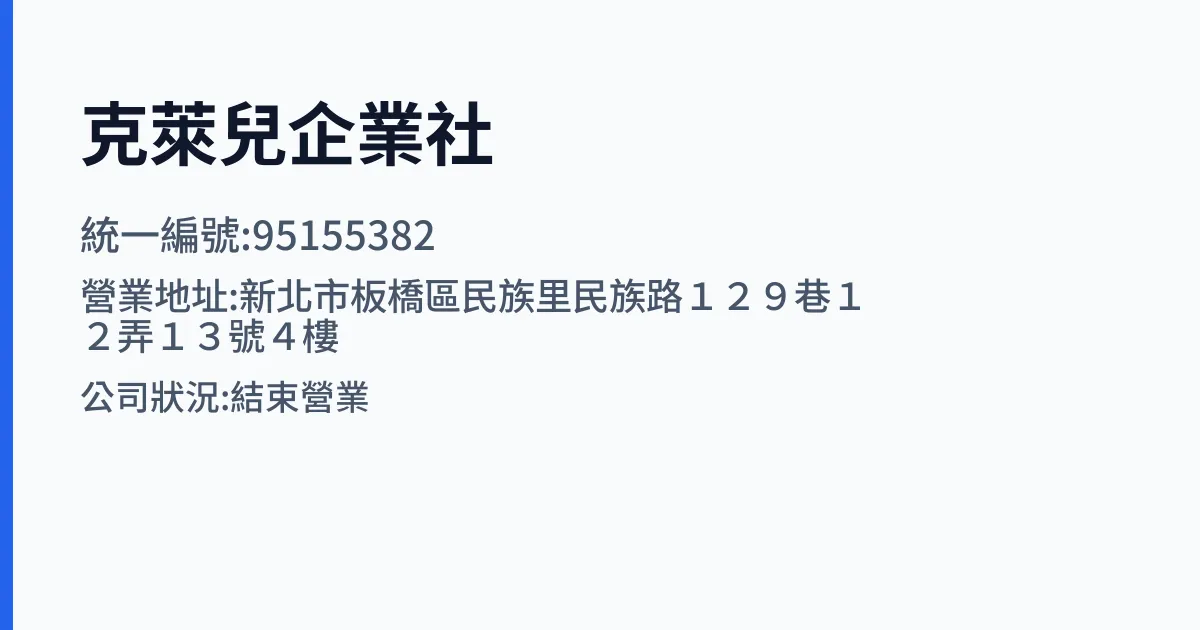 克萊兒企業社 - 統編 95155382(新北市) 公司登記資料與營業項目詳細圖表