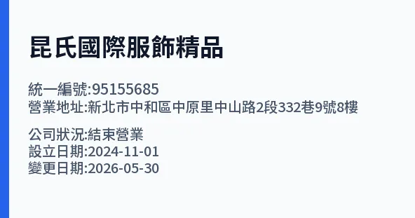 昆氏國際服飾精品的照片-統編 95155685(新北市) 公司登記資料與營業項目詳細圖表