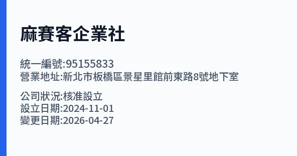 麻賽客企業社的照片-統編 95155833(新北市) 公司登記資料與營業項目詳細圖表