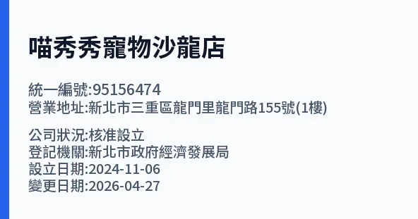 喵秀秀寵物沙龍店的照片-統編 95156474(新北市) 公司登記資料與營業項目詳細圖表
