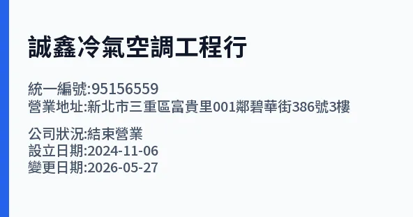 誠鑫冷氣空調工程行的照片-統編 95156559(新北市) 公司登記資料與營業項目詳細圖表