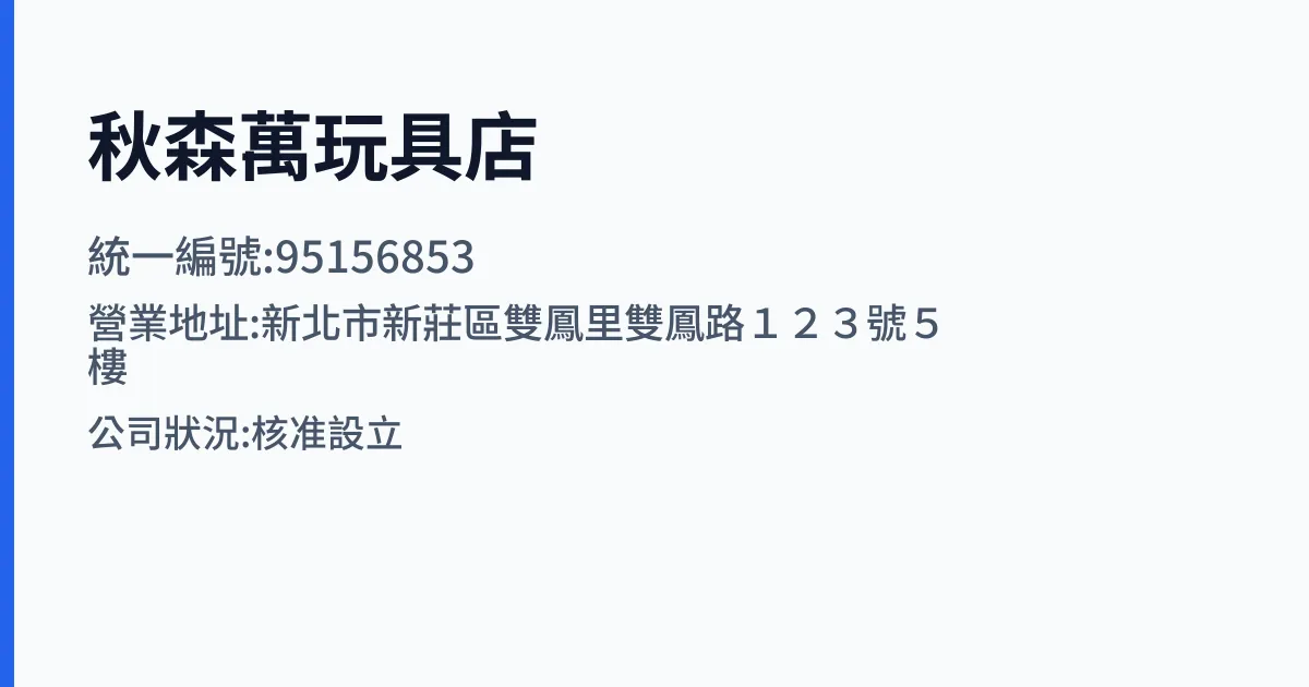 秋森萬玩具店 - 統編 95156853(新北市) 公司登記資料與營業項目詳細圖表