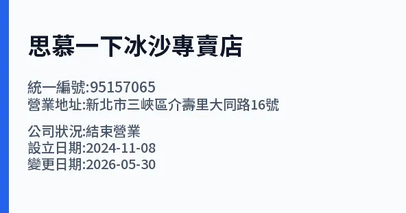 思慕一下冰沙專賣店的照片-統編 95157065(新北市) 公司登記資料與營業項目詳細圖表