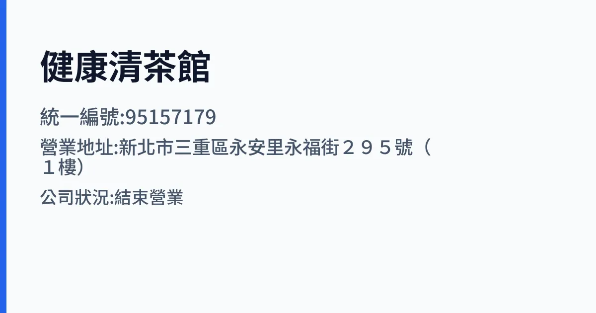 健康清茶館 - 統編 95157179(新北市) 公司登記資料與營業項目詳細圖表