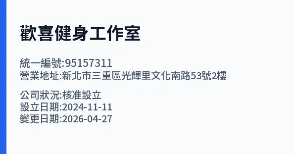 歡喜健身工作室的照片-統編 95157311(新北市) 公司登記資料與營業項目詳細圖表