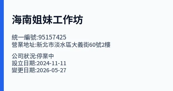 海南姐妹工作坊的照片-統編 95157425(新北市) 公司登記資料與營業項目詳細圖表