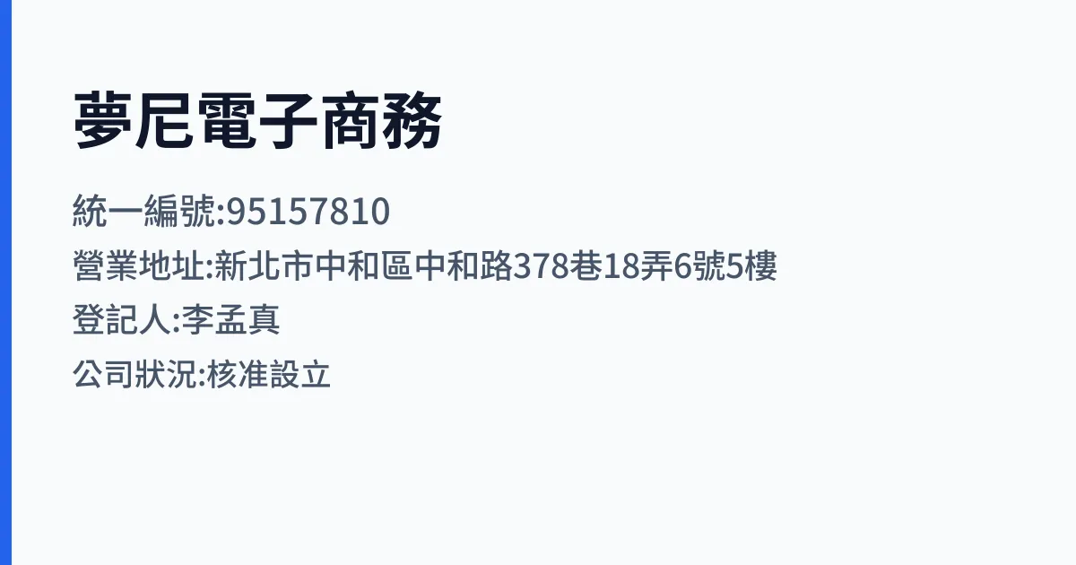 夢尼電子商務 - 統編 95157810(新北市) 公司登記資料與營業項目詳細圖表