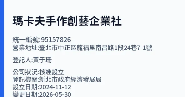 瑪卡夫手作創藝企業社的照片-統編 95157826(新北市) 公司登記資料與營業項目詳細圖表