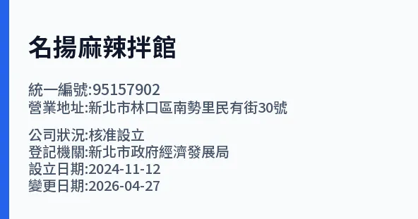 名揚麻辣拌館的照片-統編 95157902(新北市) 公司登記資料與營業項目詳細圖表