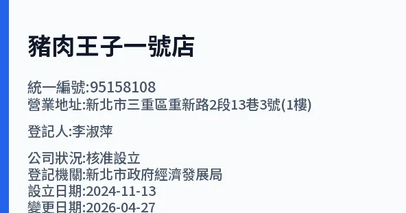 豬肉王子一號店的照片-統編 95158108(新北市) 公司登記資料與營業項目詳細圖表