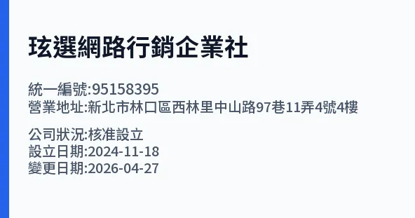 玹選網路行銷企業社的照片-統編 95158395(新北市) 公司登記資料與營業項目詳細圖表
