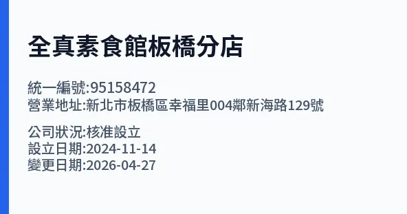 全真素食館板橋分店的照片-統編 95158472(新北市) 公司登記資料與營業項目詳細圖表