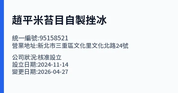 趙平米苔目自製挫冰的照片-統編 95158521(新北市) 公司登記資料與營業項目詳細圖表