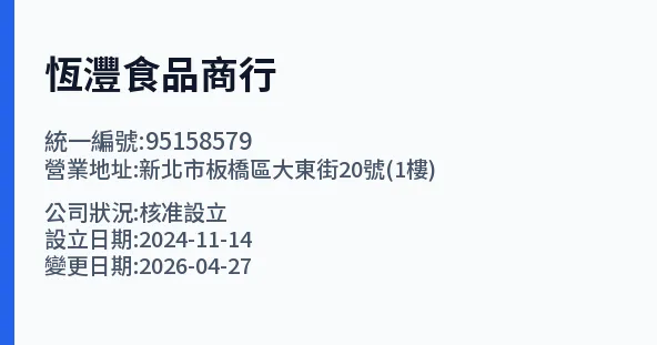 恆灃食品商行的照片-統編 95158579(新北市) 公司登記資料與營業項目詳細圖表