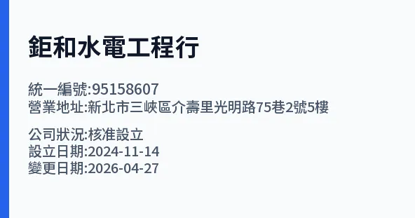 鉅和水電工程行的照片-統編 95158607(新北市) 公司登記資料與營業項目詳細圖表