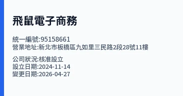 飛鼠電子商務的照片-統編 95158661(新北市) 公司登記資料與營業項目詳細圖表