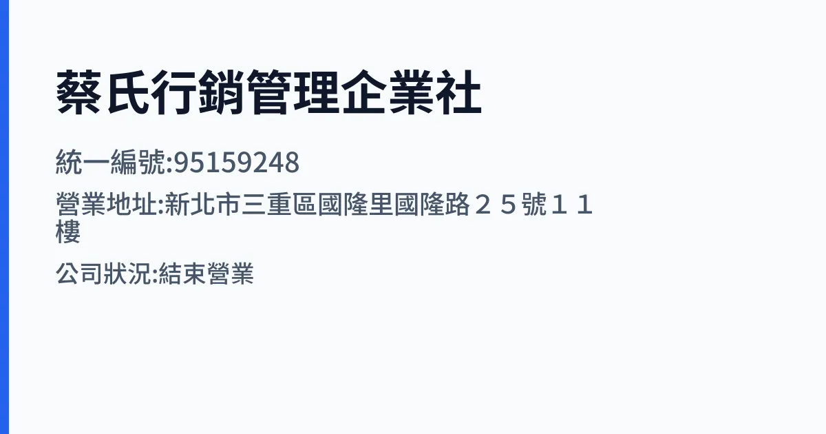 蔡氏行銷管理企業社 - 統編 95159248(新北市) 公司登記資料與營業項目詳細圖表