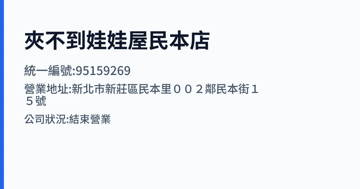 夾不到娃娃屋民本店 - 統編 95159269(新北市) 公司登記資料與營業項目詳細圖表