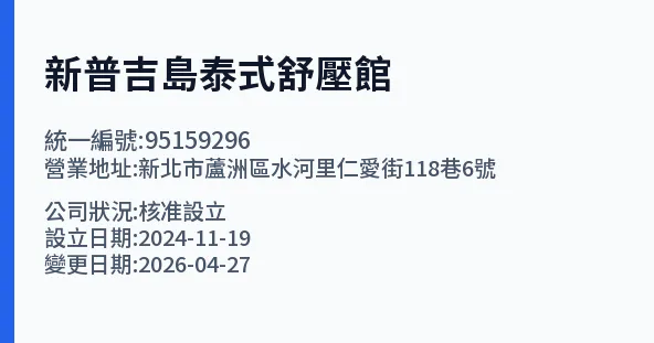 新普吉島泰式舒壓館的照片-統編 95159296(新北市) 公司登記資料與營業項目詳細圖表