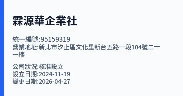 霖源華企業社的照片-統編 95159319(新北市) 公司登記資料與營業項目詳細圖表