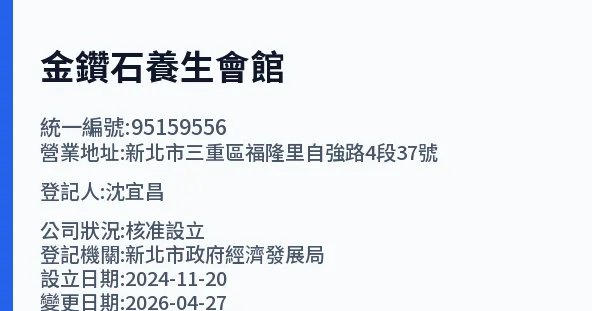 金鑽石養生會館的照片-統編 95159556(新北市) 公司登記資料與營業項目詳細圖表