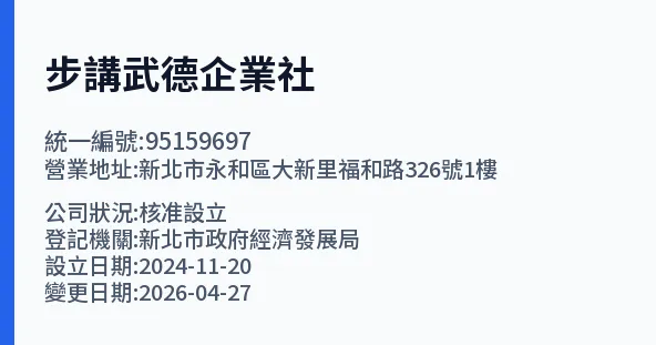 步講武德企業社的照片-統編 95159697(新北市) 公司登記資料與營業項目詳細圖表