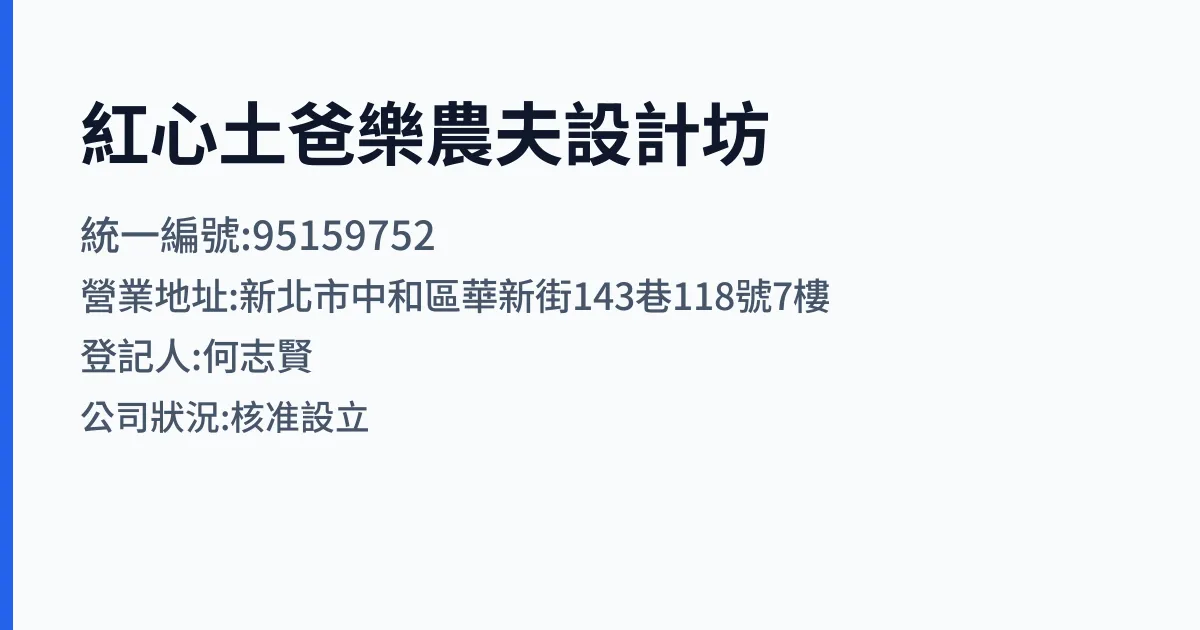 紅心土爸樂農夫設計坊 - 統編 95159752(新北市) 公司登記資料與營業項目詳細圖表
