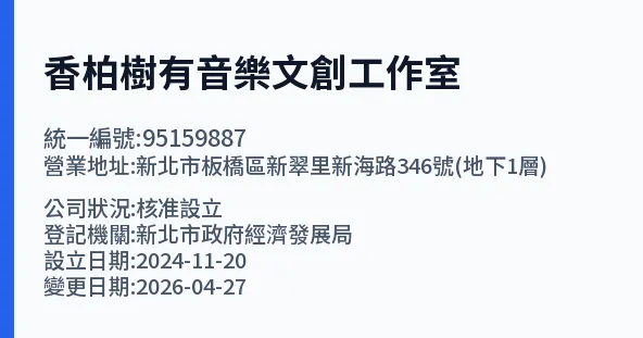 香柏樹有音樂文創工作室的照片-統編 95159887(新北市) 公司登記資料與營業項目詳細圖表