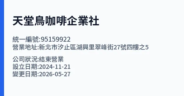 天堂鳥咖啡企業社的照片-統編 95159922(新北市) 公司登記資料與營業項目詳細圖表