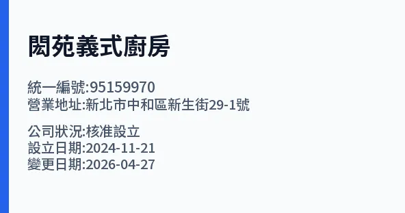 閎苑義式廚房的照片-統編 95159970(新北市) 公司登記資料與營業項目詳細圖表