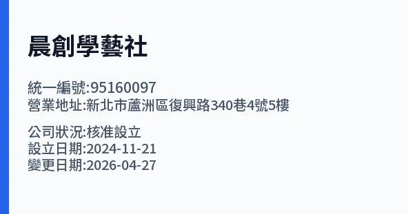 晨創學藝社的照片-統編 95160097(新北市) 公司登記資料與營業項目詳細圖表