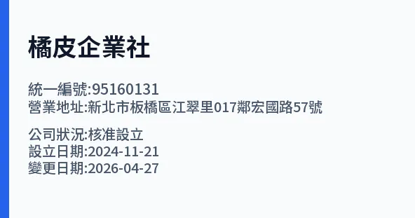 橘皮企業社的照片-統編 95160131(新北市) 公司登記資料與營業項目詳細圖表
