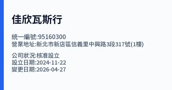 佳欣瓦斯行的照片-統編 95160300(新北市) 公司登記資料與營業項目詳細圖表