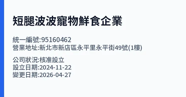 短腿波波寵物鮮食企業的照片-統編 95160462(新北市) 公司登記資料與營業項目詳細圖表
