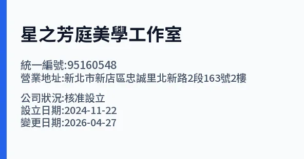 星之芳庭美學工作室的照片-統編 95160548(新北市) 公司登記資料與營業項目詳細圖表