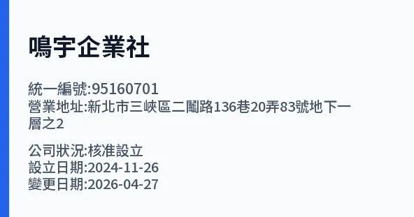 鳴宇企業社的照片-統編 95160701(新北市) 公司登記資料與營業項目詳細圖表