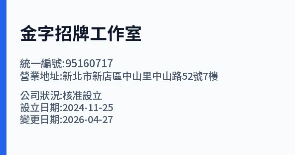 金字招牌工作室的照片-統編 95160717(新北市) 公司登記資料與營業項目詳細圖表